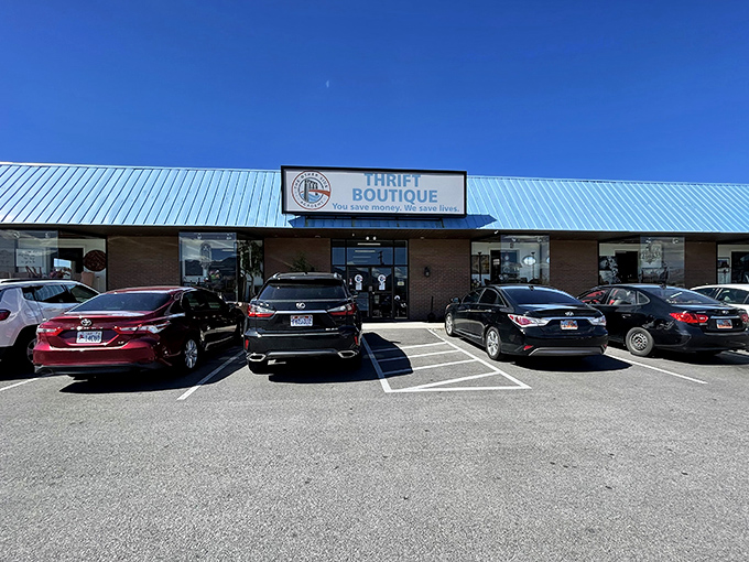 The classic blue roof and packed parking lot signal serious secondhand shopping ahead.