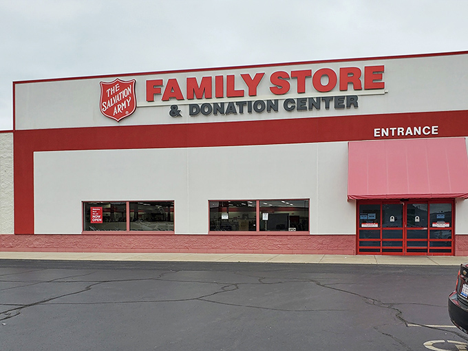 The Salvation Army's bold red signage promises a massive indoor yard sale where every purchase helps others.