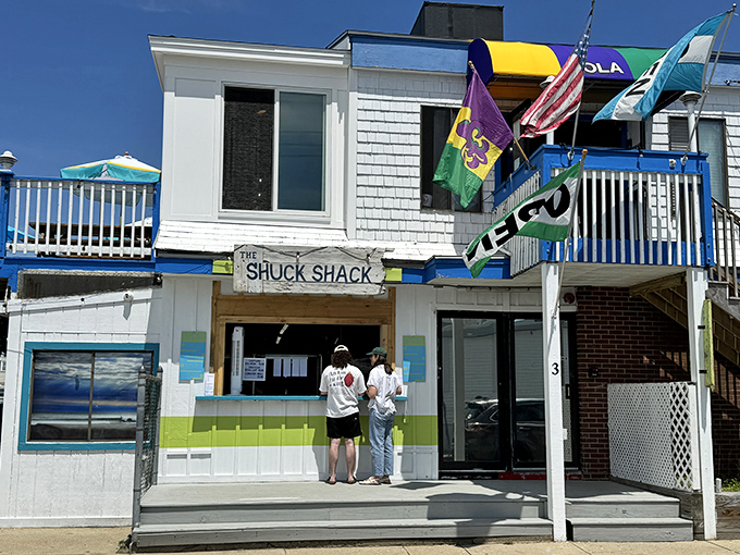 Bright coastal colors and nautical flags signal serious fun ahead - and even better food inside.