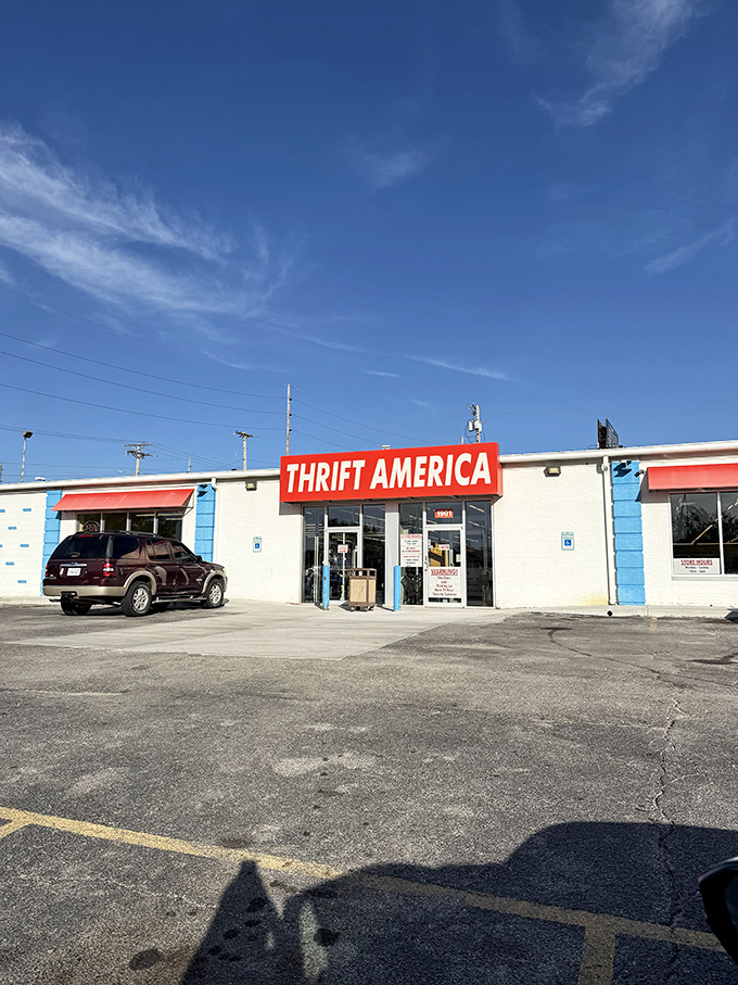 Thrift America's patriotic red sign pops against the white building&mdash;as American as apple pie and incredible bargains.