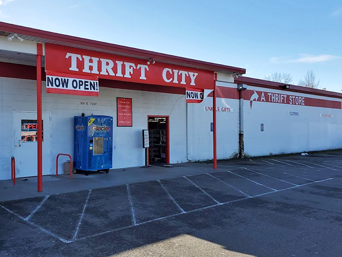 Thrift City's bold red-and-white color scheme makes it impossible to miss&mdash;like a beacon for bargain hunters.