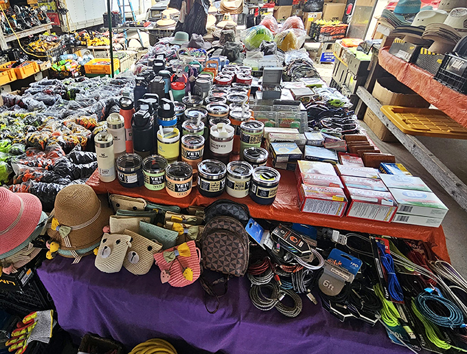 Tables overflow with everything from insulated mugs to hats - it's like Christmas morning for bargain hunters.
