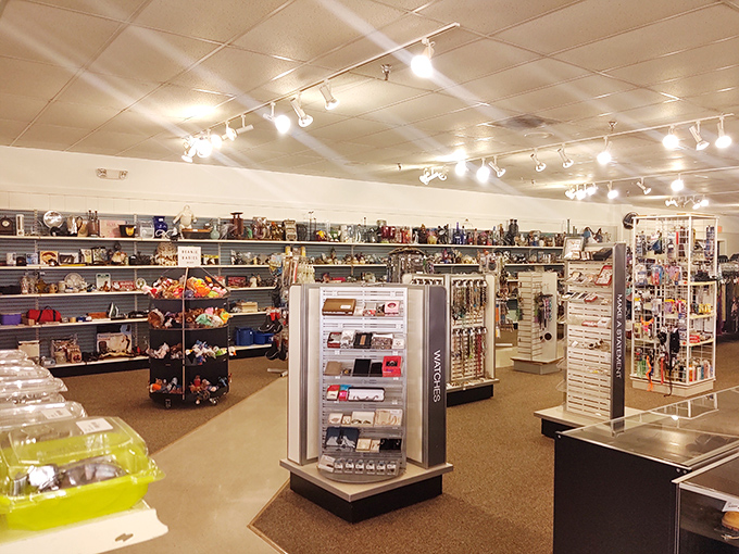 Ultimate Thrift's well-lit accessories section showcases treasures from jewelry to knickknacks, all waiting to be discovered for bargain prices.