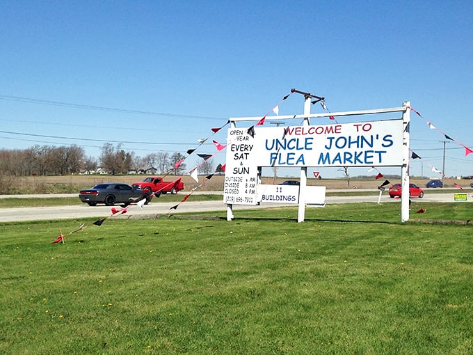 Uncle John's classic welcome sign sets the tone for genuine Midwestern hospitality and great finds.
