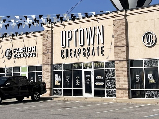 Uptown Cheapskate's sleek exterior brings a touch of retail chic to the thrift world. Fashion forward, prices backward!