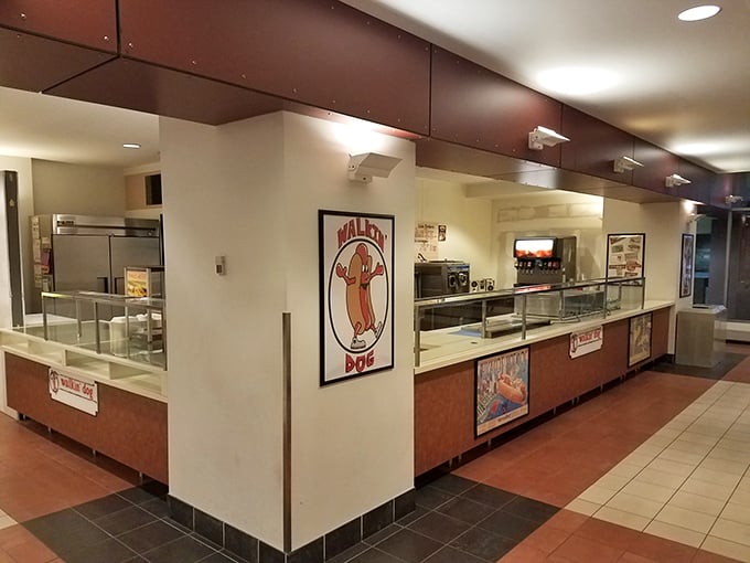 Walkin' Dog's clean, modern counter setup proves that skyway dining doesn't have to be boring. Hot dog heaven awaits office workers!