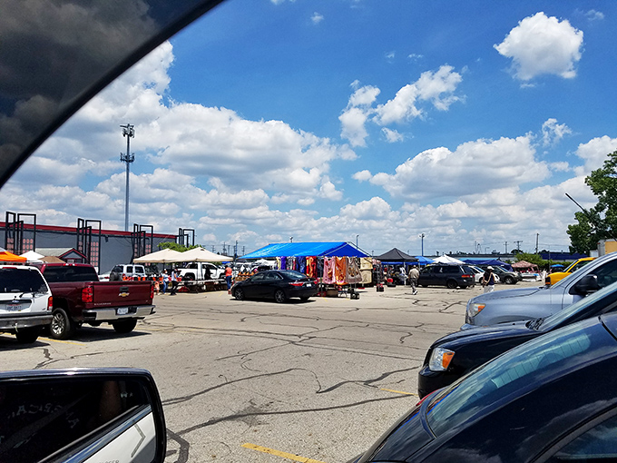Under blue skies, vendors set up colorful tents across a sprawling parking lot, creating a treasure hunter's paradise at this Westland flea market.