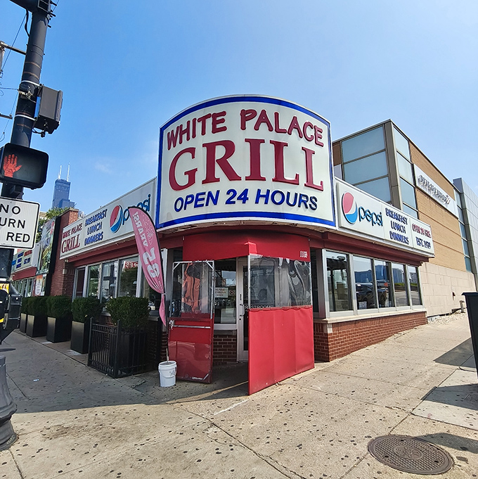 The bold red corner beacon never sleeps, feeding night owls and early birds around the clock.