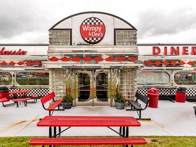 The classic stainless steel exterior of Wimpy & Dee's isn't just architecture&mdash;it's a time machine disguised as a diner, complete with glass block windows.