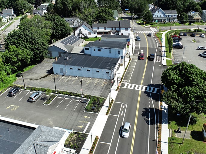 A bird&rsquo;s-eye view of Winchendon reveals a quiet downtown where freshly paved streets and tidy storefronts reflect small-town pride and New England simplicity.
