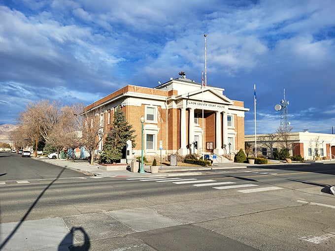 Yerington's courthouse stands proud in a farming town where agricultural roots keep grocery prices refreshingly low always.
