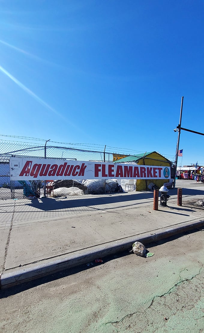 The Aquaduck Fleamarket sign promises discoveries that'll make your neighbors wonder where you shop.