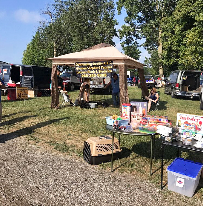 Puppy promotion station! This tent offers more than just German Shepherd information&mdash;check out those vintage board games!
