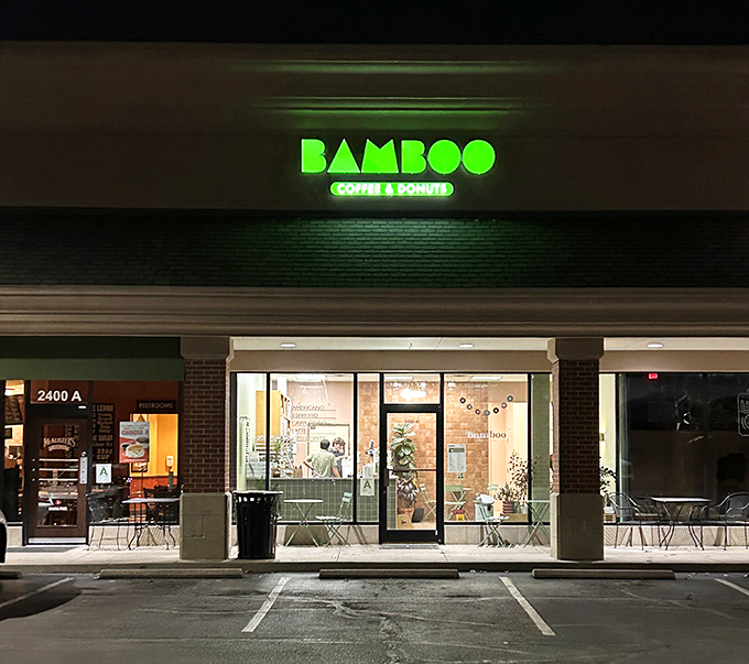 By night, Bamboo's green glow transforms into a beacon for those seeking a sweet ending to their evening adventures.