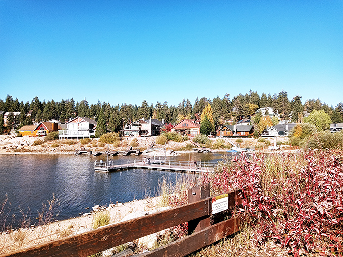Lakefront cabins nestle among autumn colors where wooden docks invite you to cast a line peacefully.