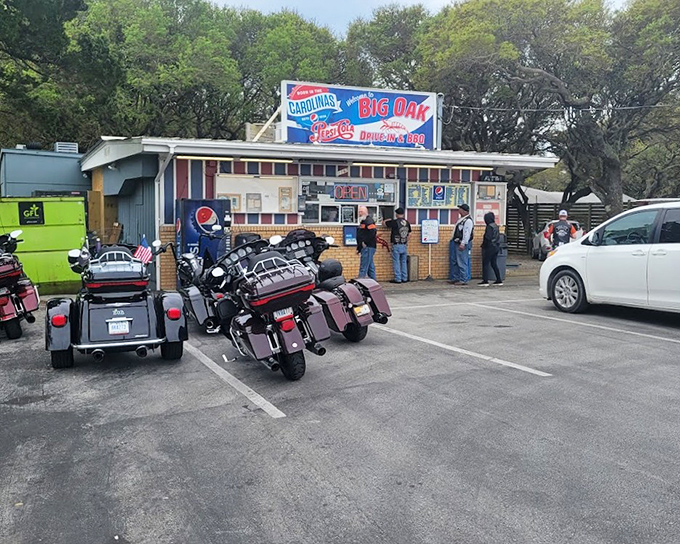 Classic roadside Americana meets coastal Carolina cuisine at Big Oak &ndash; where motorcycles and minivans unite for seafood.