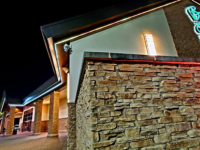 Stone and light create dramatic entrance appeal at Bonz, where the architecture hints at the bold flavors waiting inside.