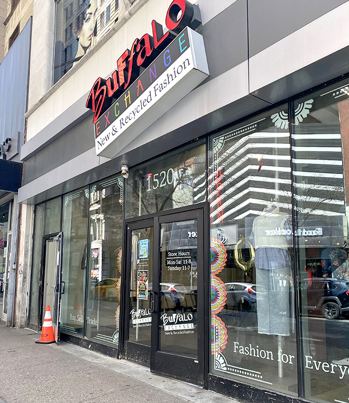 The sleek storefront design hints at the fashionable treasures waiting inside this Philadelphia thrift boutique.