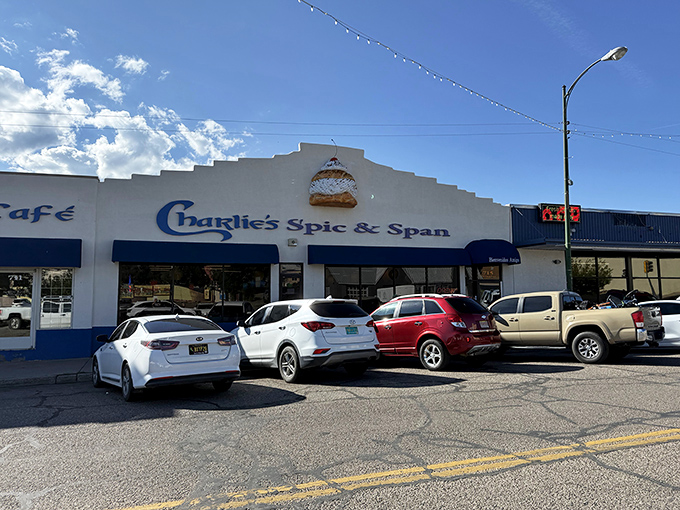 Blue trim against New Mexico's endless sky&mdash;Charlie's Spic & Span stands ready to fulfill your sopapilla fantasies.