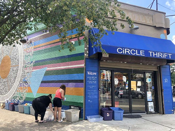 Circle Thrift mural: "Street art that stops traffic! This vibrant mural makes finding this thrift gem easier than spotting a peacock at a pigeon convention."