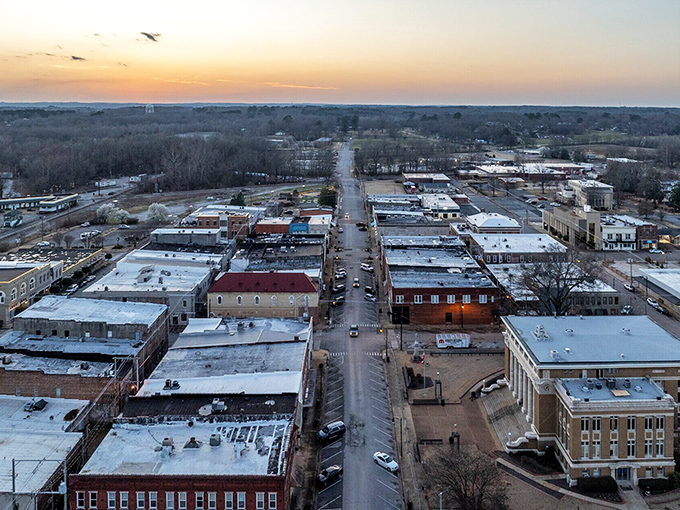 Corinth's downtown grid reveals itself at sunset, where railroad history and affordable living converge beautifully.