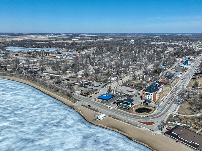 An aerial view of Detroit Lakes shows how the town and water embrace each other in perfect Minnesota harmony.