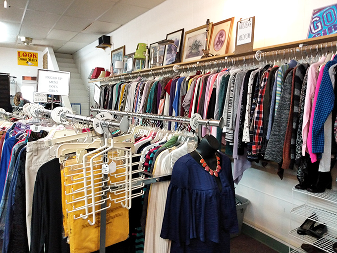 Racks of colorful possibilities await inside. Each hanger holds someone's past and your future outfit!