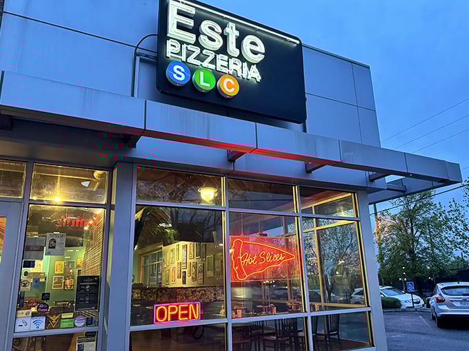 When a pizzeria looks this sleek at night, you know they're crafting something truly special inside.