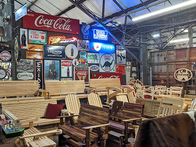 Vintage signs and handcrafted wooden chairs create an atmosphere where nostalgia meets incredible deals perfectly.