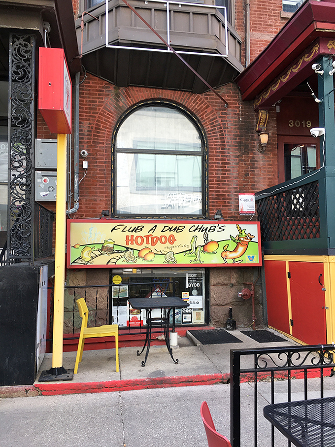Tucked into this historic brick building is a hot dog joint with a name as fun to say as their dogs are to eat.