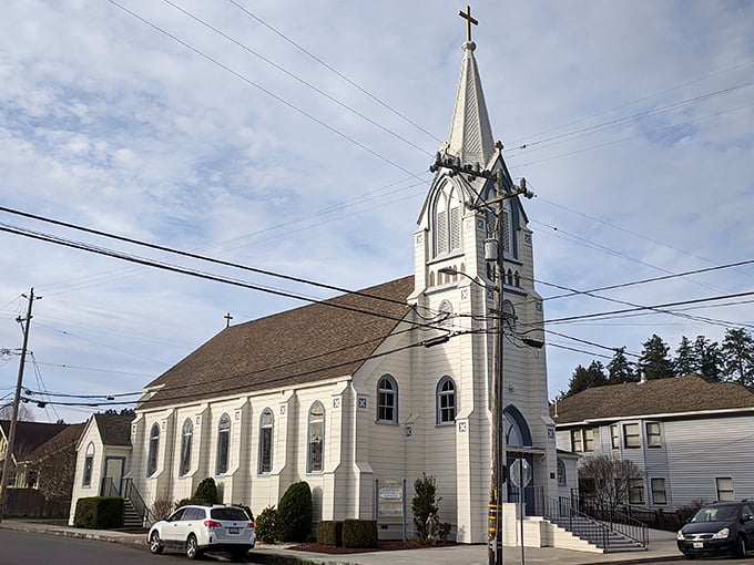 A classic white church spire reaches toward Fortuna's blue skies, symbolizing the simple, affordable pleasures of this Humboldt County gem.