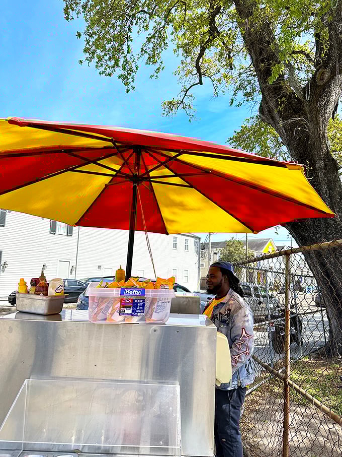 That stainless steel cart gleaming in the sunshine is a mobile temple to hot dog perfection.