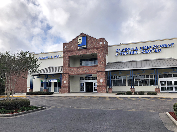 Two-story thrifting heaven in New Orleans! This Goodwill's impressive entrance promises twice the treasure-hunting fun.