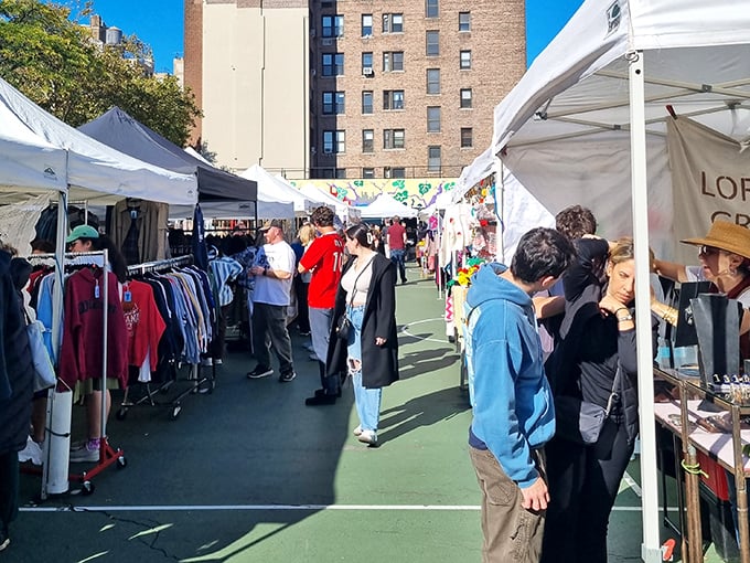 Jewelry hunters paradise! Grand Bazaar NYC displays sparkle with possibilities while shoppers hunt for that perfect vintage brooch or handcrafted necklace.