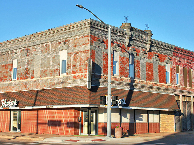 Peeling perfection! This Hastings corner building wears its weathered brick like badges of honor&mdash;each flake revealing stories of yesteryear.