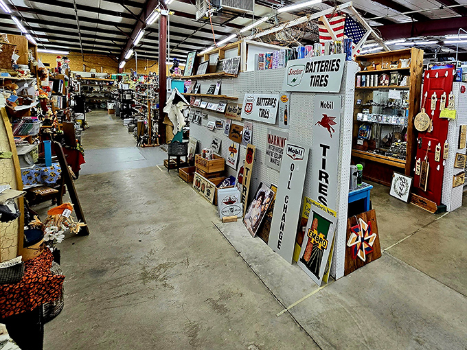 Inside Heartland Antique Mall, perfectly arranged aisles of Americana tell stories of road trips, gas stations, and simpler times.