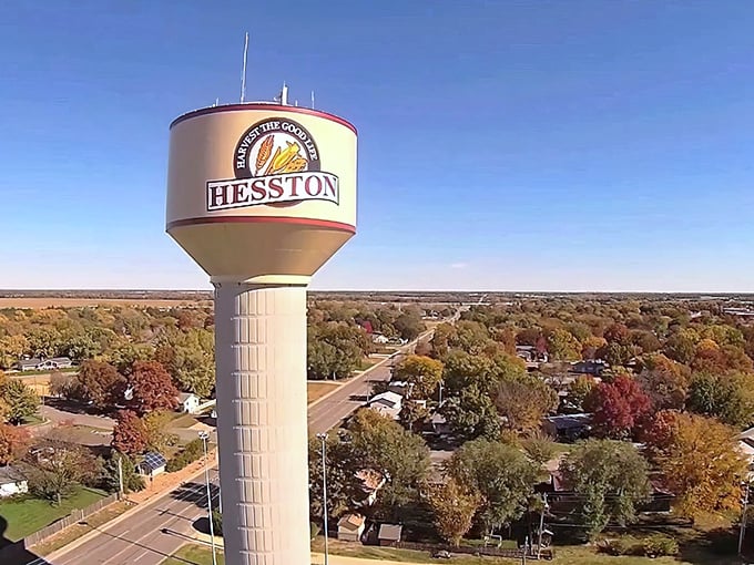 "Serving the Golden Plains" indeed! Hesston's water tower stands sentinel over a community where fixed incomes stretch like the Kansas horizon.