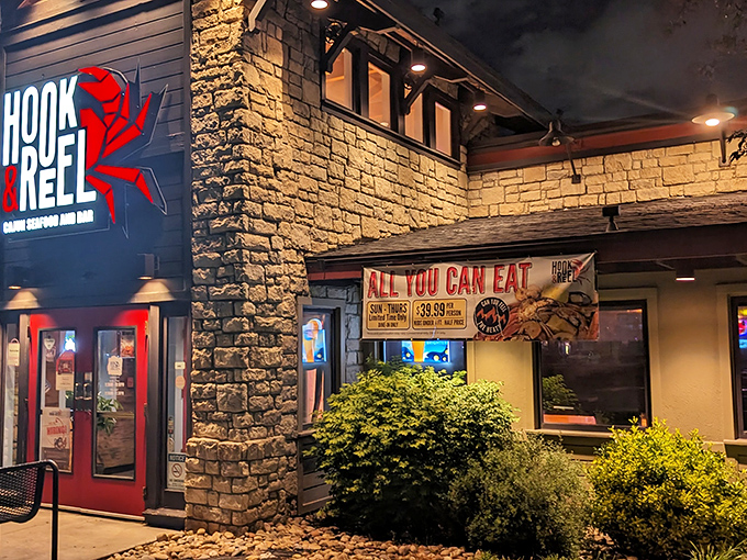 Stone and wood construction hints at the hearty, satisfying seafood feasts happening inside daily.