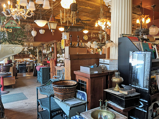 The jumble of lamps, furniture, and curiosities creates a magical cave where time travelers can furnish their homes.