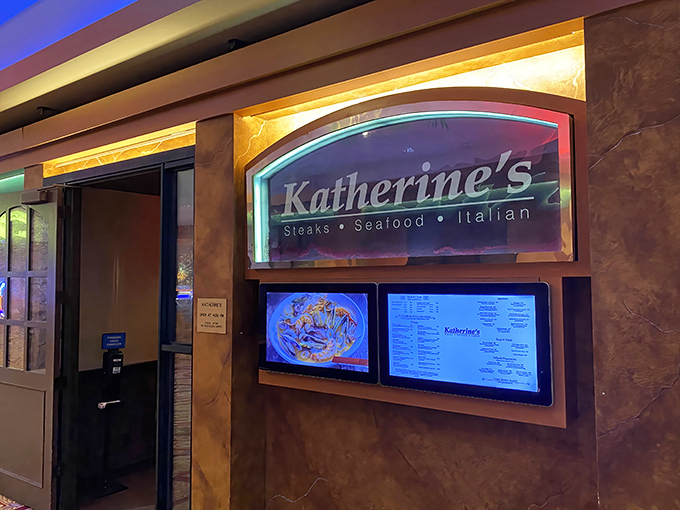 The warm glow of Katherine's sign hints at the culinary magic happening just beyond those doors.