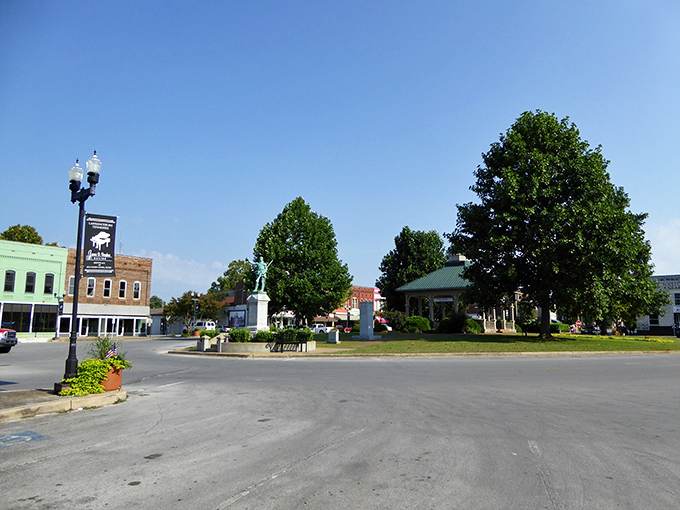 Lawrenceburg's historic downtown square shines under clear blue skies. A postcard-perfect scene of affordable small-town living.