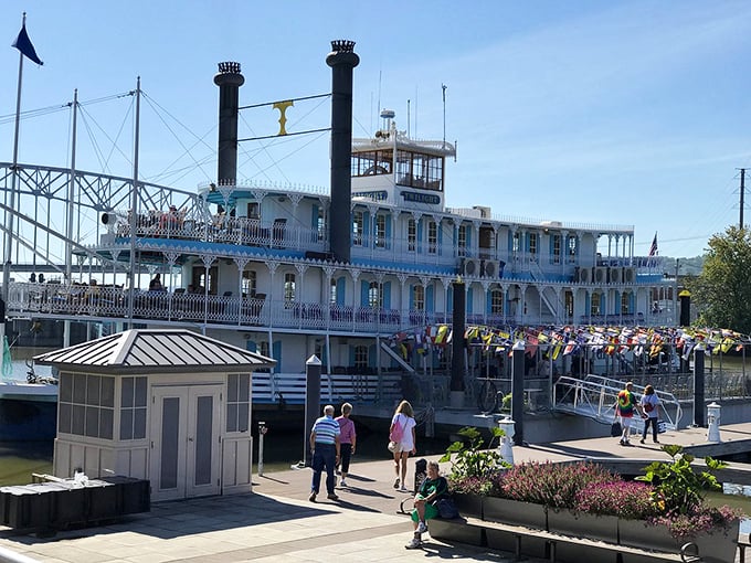The Celebration Belle riverboat docks in Le Claire, ready to take passengers on a journey back to the golden age of river travel.