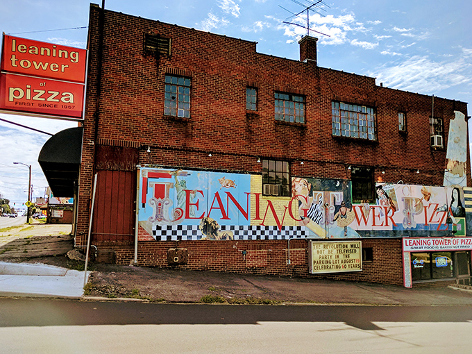 The colorful Leaning Tower mural brings whimsy to Mansfield's most beloved pizza destination.