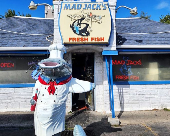 The whimsical fish chef statue outside Mad Jack's welcomes you with open arms &ndash; part hilarious, part terrifying, entirely unforgettable.