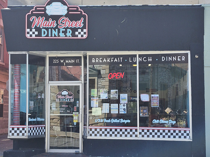 Classic storefront windows showcase the kind of breakfast specials that built America's appetite.