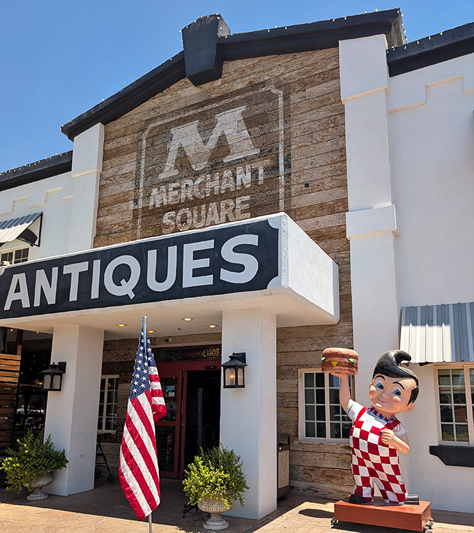 That welcoming facade with its castle-like details suggests royal treatment for every vintage-loving visitor inside.