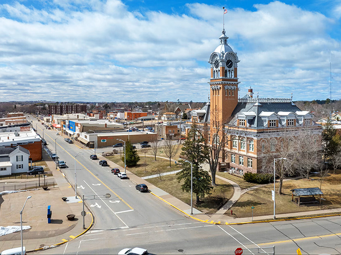 The town's layout reveals its river heritage, with the Wisconsin River flowing nearby like a blue ribbon through the landscape.