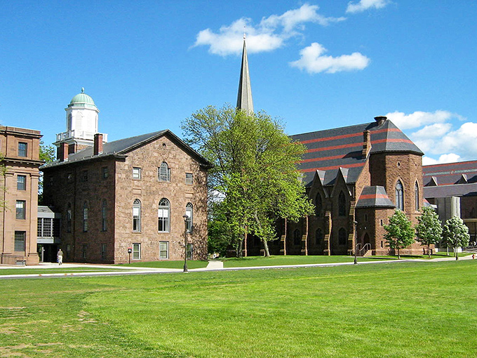 The green quad stretches out invitingly, proving you can enjoy university-town perks without paying university-town housing prices for everything.