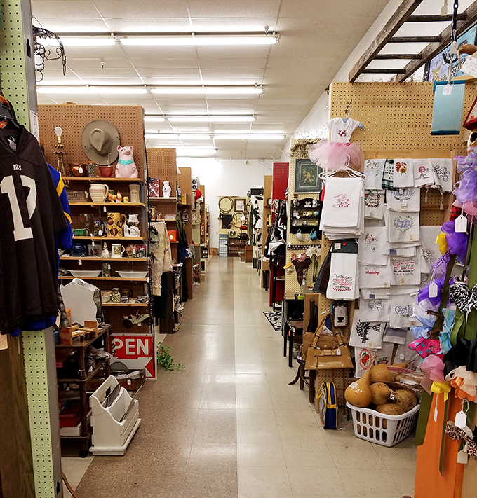 Clean aisles and pegboard displays create a flea market experience your grandmother would actually enjoy.