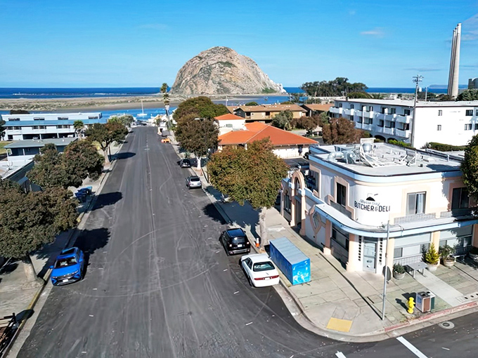 The view down Morro Bay's main street promises seafood so fresh it was swimming this morning.
